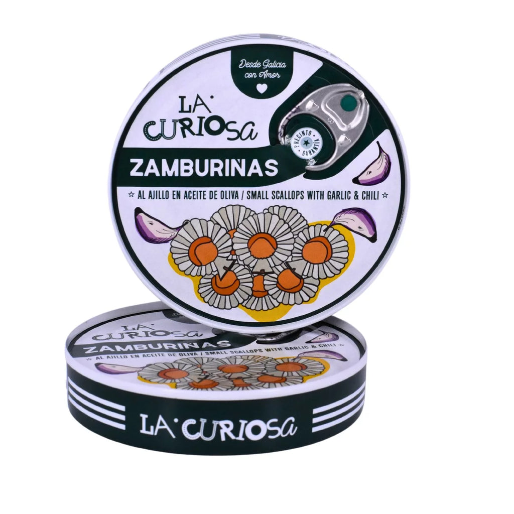 LA CURIOSA Scallops in Spicy Olive Oil & Garlic 120g Tin | Valentina Deli